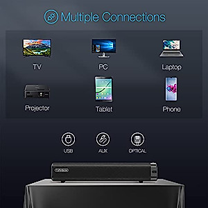 TOPVISION 50W Sound Bar, 16-Inch Small Sound Bars for TV, 3 Equalizer Modes, Wireless Bluetooth 5.0, Optical/Aux/USB Connection, Mini Soundbar with Built-in DSP for TV, PC, Projectors, Tablets