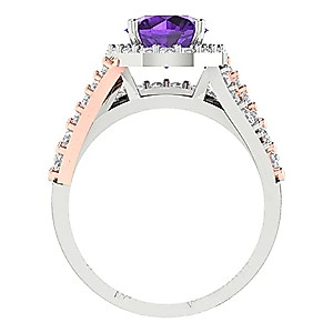 Clara Pucci 2ct Round Cut Laser Engraving Halo Split Shank Natural Amethyst Designer Statement Ring Band Set 18K 2 tone Gold Size 10.75