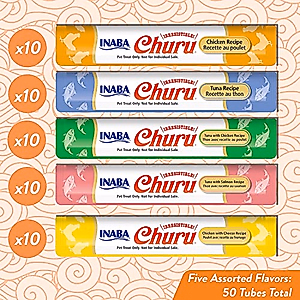 Churu INABA Cat Treats, Grain-Free, Lickable, Squeezable Creamy Purée Cat Treat/Topper with Vitamin E, Taurine, & Green Tea, 50 Servings, Tuna & Chicken Variety Box
