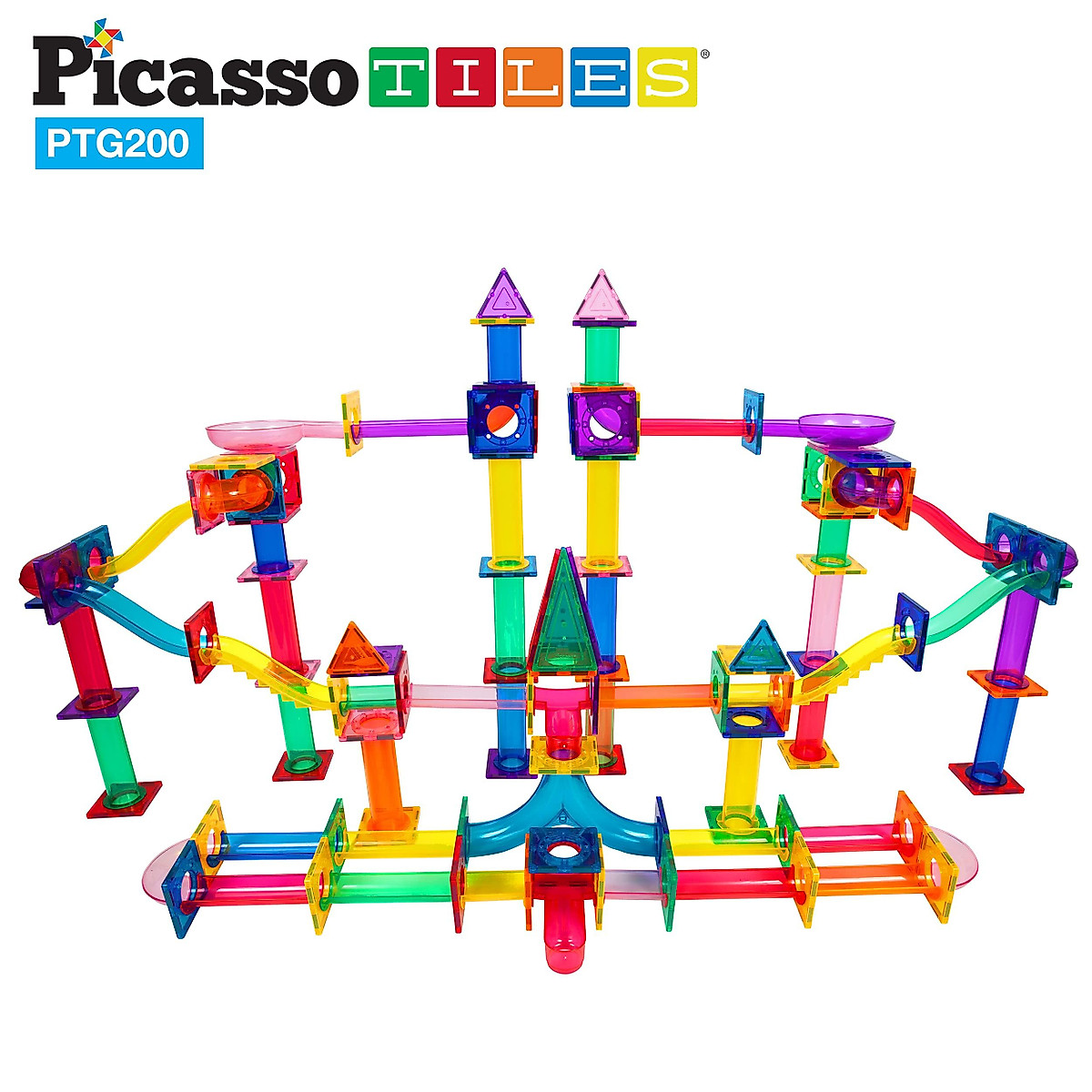 PicassoTiles 200 Piece Magnetic Marble Run Marbles for Kids Race Track Toy Set Marble Maze Sensory Toys for Toddlers STEM Educational Magnet Building Blocks Construction Building Tiles Boys Girls 3+