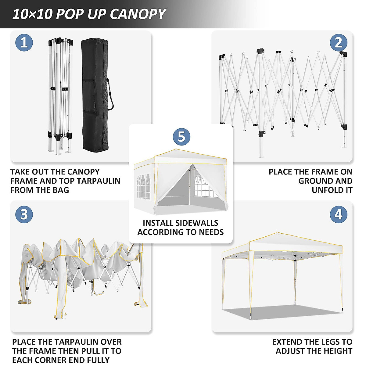 COBIZI 10x10 Canopy with 4 Removable Sidewalls,Pop Up Canopy Tent for Parties Waterproof Wedding Event Canopy,Instant Outdoor Gazebos with Church Window,Carry Bag,4 Stakes,Ropes & Sandbags,White