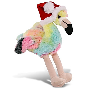 DolliBu Santa Rainbow Flamingo Stuffed Animal Plush Toy - Wild Animal Dress Up with Red Santa Claus Hat, Cute Wildlife Gift, Perfect Holiday with Name Personalization - 8 Inches