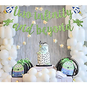 Light Green Glitter Two Infinity and Beyond Banner Pre-strung for Kids' 2nd Birthday Party Decorations