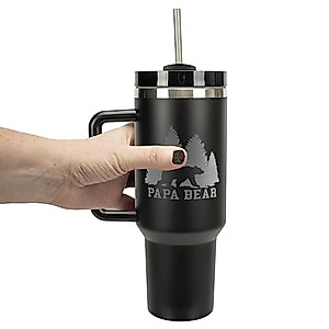 Elanze Designs Papa Bear Forest Trees Dad Grandpa 40 oz. Stainless Steel, Large Water Bottle Coffee Mug, Spill & Leak Resistant, Thermal Travel Tumbler with Handle, Lid & Straw, Black