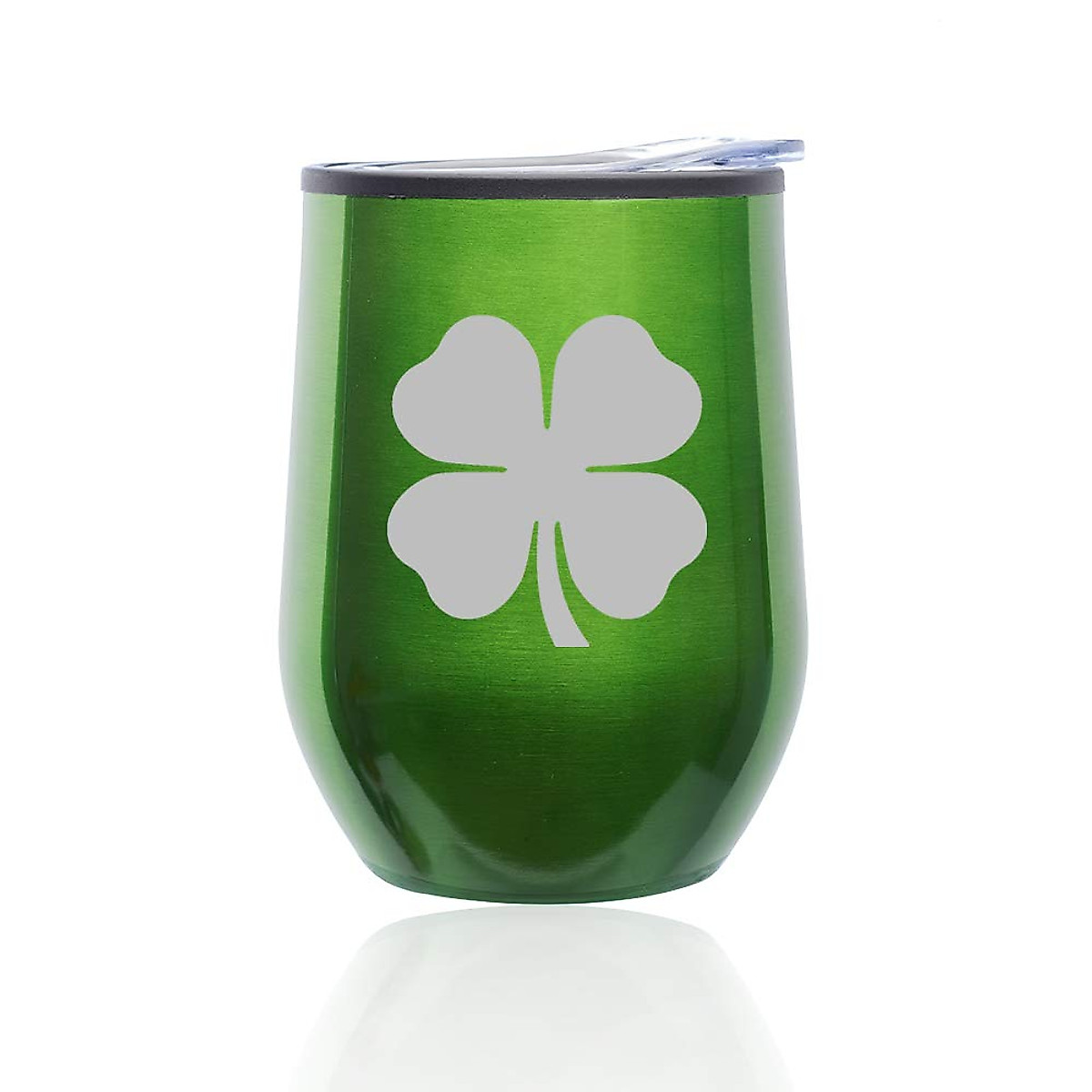 Stemless Wine Tumbler Coffee Travel Mug Glass with Lid 4 Leaf Clover Shamrock (Green)