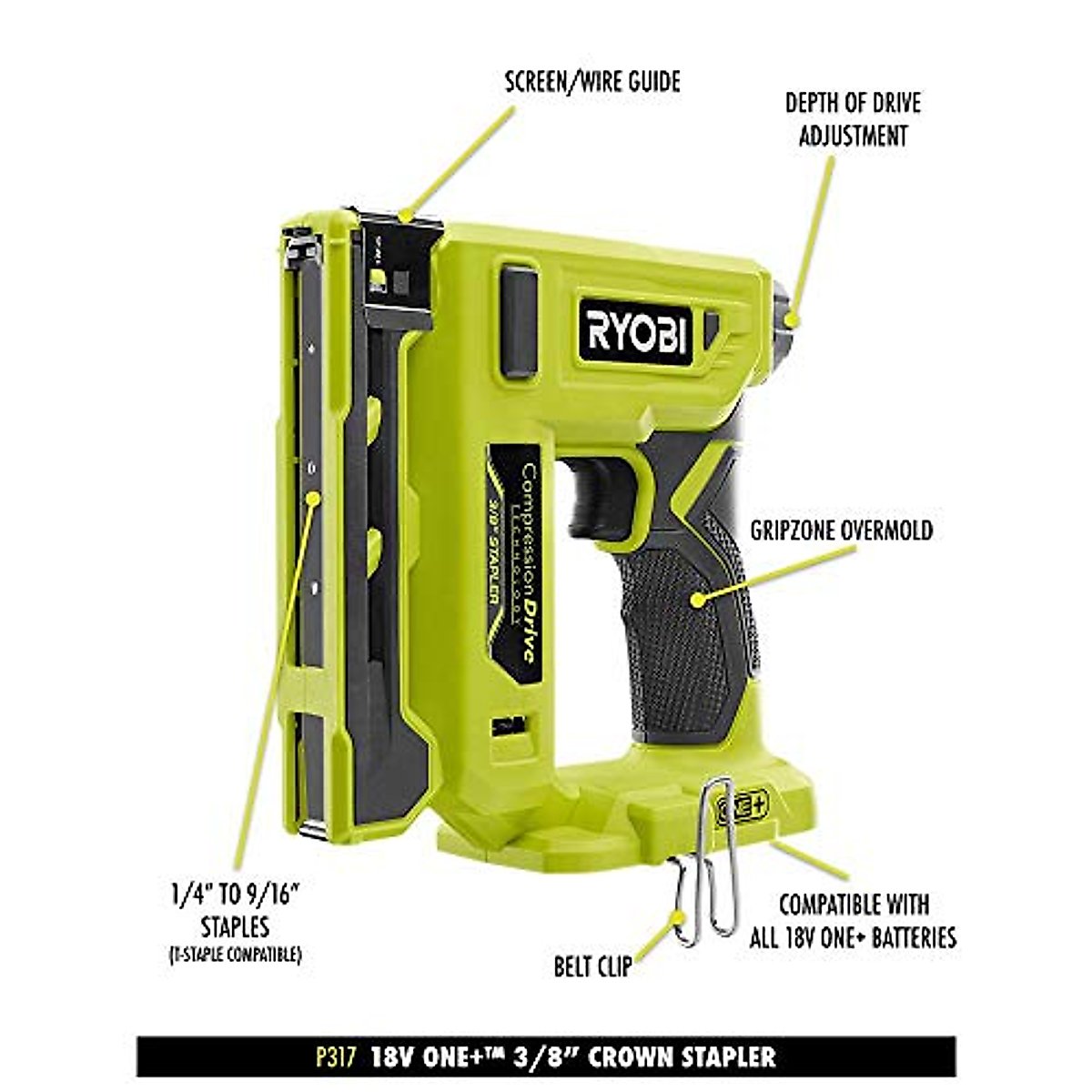 Ryobi 18-Volt ONE+ Cordless Compression Drive 3/8 in. Crown Stapler (Tool Only) P317