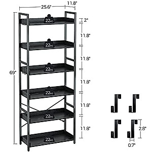 Rolanstar Black Bookshelf 6 Tier with 4 Hooks, Industrial Wood Bookcase, Vintage Storage Rack Bundle End Table with Charging Station Set of 2 Living Room Side Table