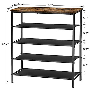 TUTOTAK Shoe Rack 5 Tier, Narrow Shoe Organizer for Closet Entryway, with 4 Fabric Shelves and Top for Bags, Shoe Shelf, Steel Frame, Industrial, Rustic Brown and Black SR01BB022