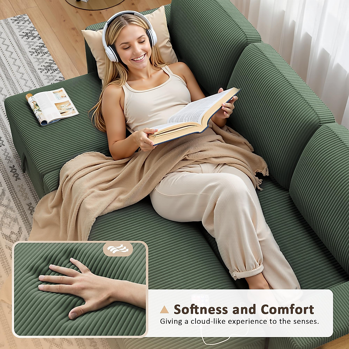 Flamaker 80" Sleeper Sofa, Sofa Bed with Built-in Large Storage and 2 Bookshelves, Convertible Sectional Sofa Couch, Pull Out Couch with USB, Modern Couches for Living Room (Corduroy, Green)