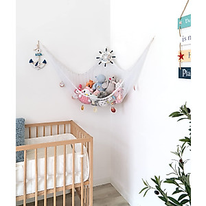 Mkono Stuffed Animal Hammock Toy Storage Nautical Style Hanging Stuff Animals Net Organizer with Shells and Nautical Decor, Large Steering Wheel Fishing Toys Net for Nursery Playroom Kid's Room