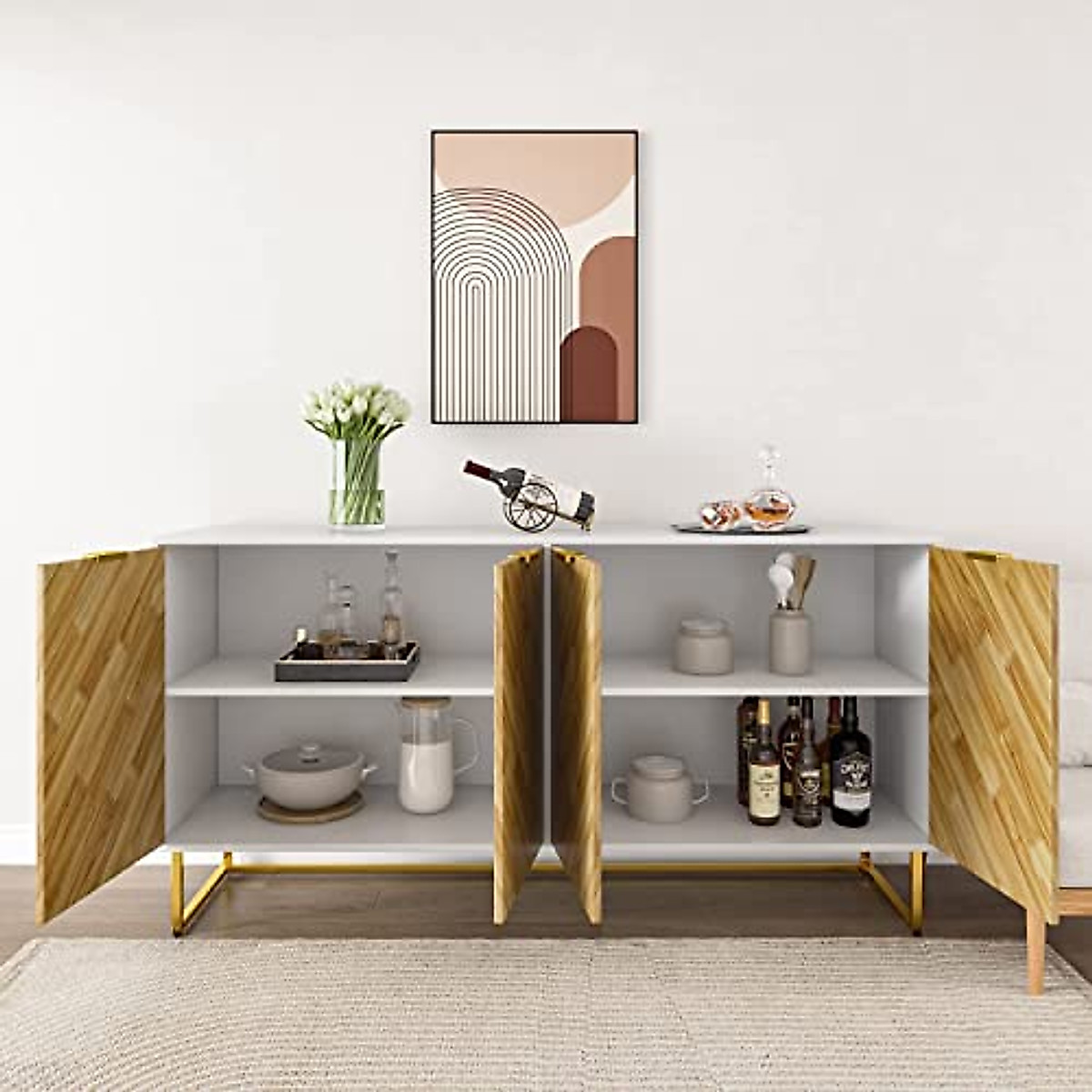 White Buffet Cabinet with Storage, 55’’ Kitchen Buffet Storage Cabinet with 4 Doors, White Sideboards and Buffets, Modern Sideboards Storage Cabinet with Gold Metal Legs, Credenzas for Living Room