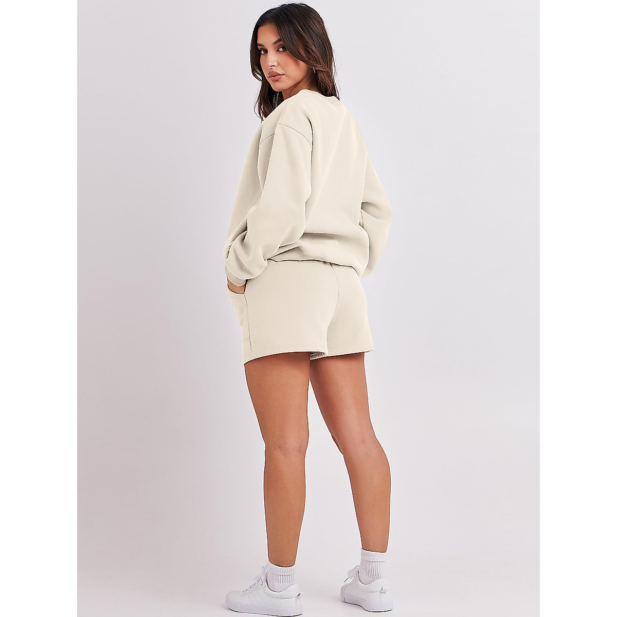 ANRABESS Women 2 Piece Outfits Sweat Shorts Sets 2025 Oversized Casual Lounge Matching Set Sweatsuit Tracksuit Clothes Beige X-Small