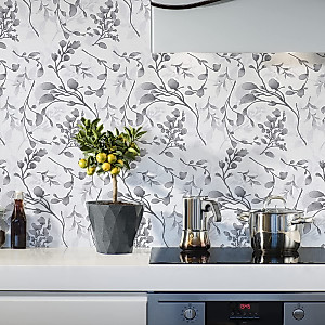 Froluya Gray Peel and Stick Wallpaper Gray Floral Wallpaper 17.7 inch×118.1inch Floral Contact Paper Flower Self Adhesive Removable Wallpaper for Bathroom Modern Breezy Leaves Decorative Wallpaper