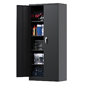 Aobabo Metal Garage Storage Cabinet,71" Lockable Metal Storage Cabinet with 2 Doors and 4 Adjustable Shelves,Black Steel Cabinet for Garage Office School Home Storage,Assembly Required