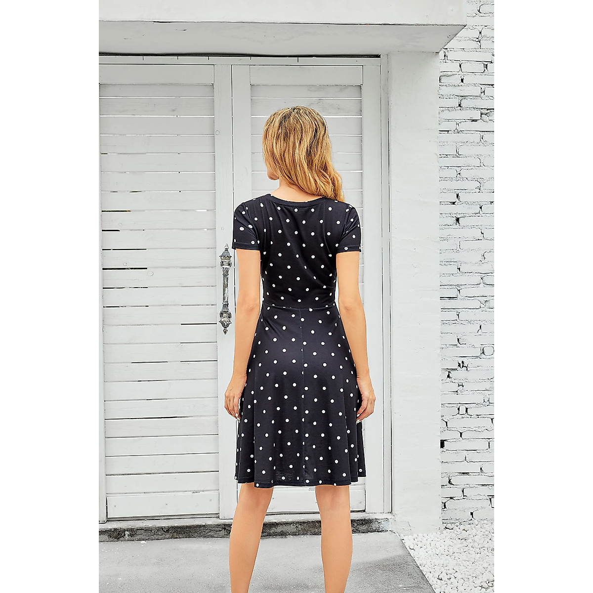 MicroStar dresses for women 2023 Slim Short Sleeve Round Neck A Line Fit and Flare Knee Length Sun Dress Black Polka Dot