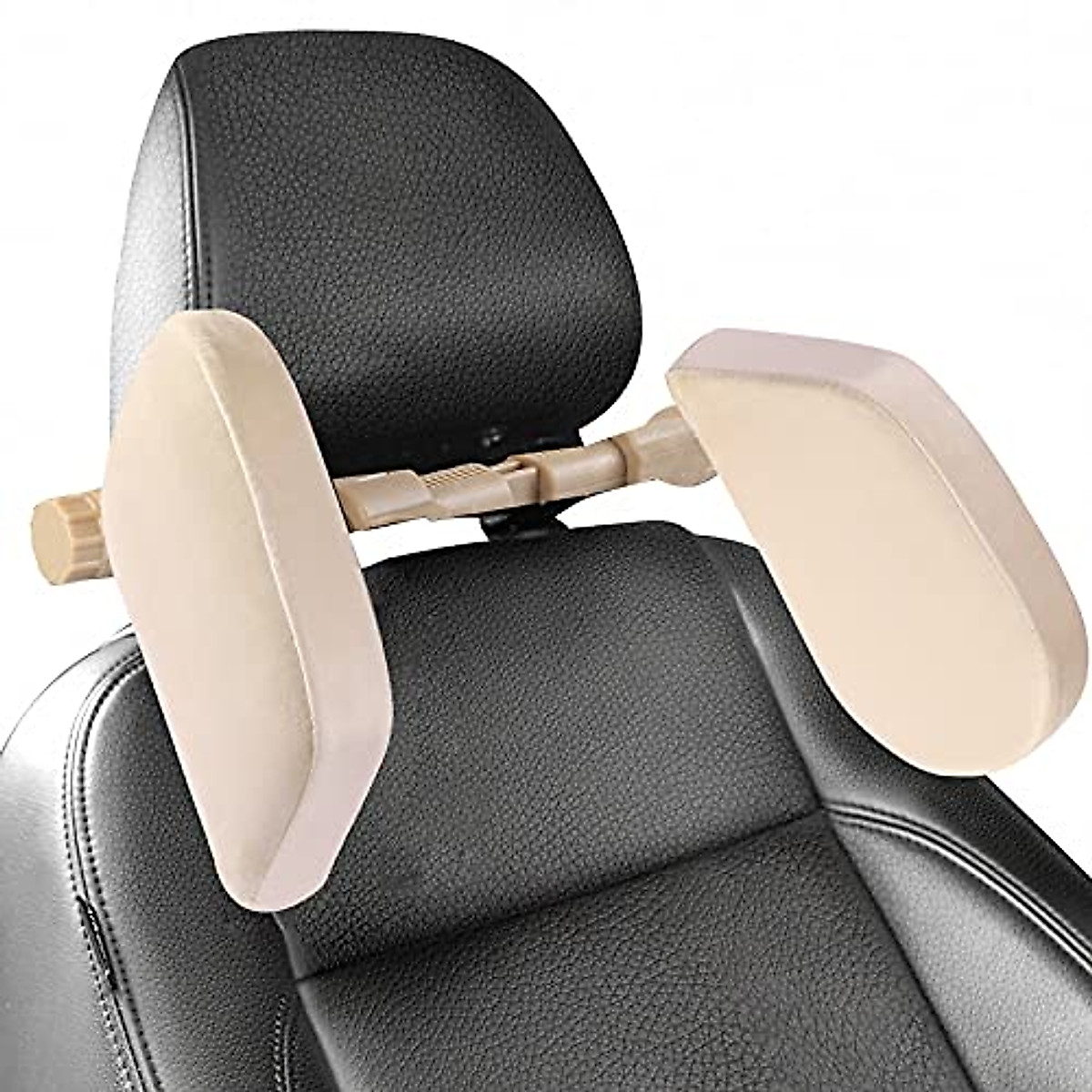 Leadsign Car Seat Headrest Pillow,Adjustable U Shaped Memory Foam Head Neck Support Cushion, Both Sides Travel Sleeping Pillow for Kids Adults (Beige)