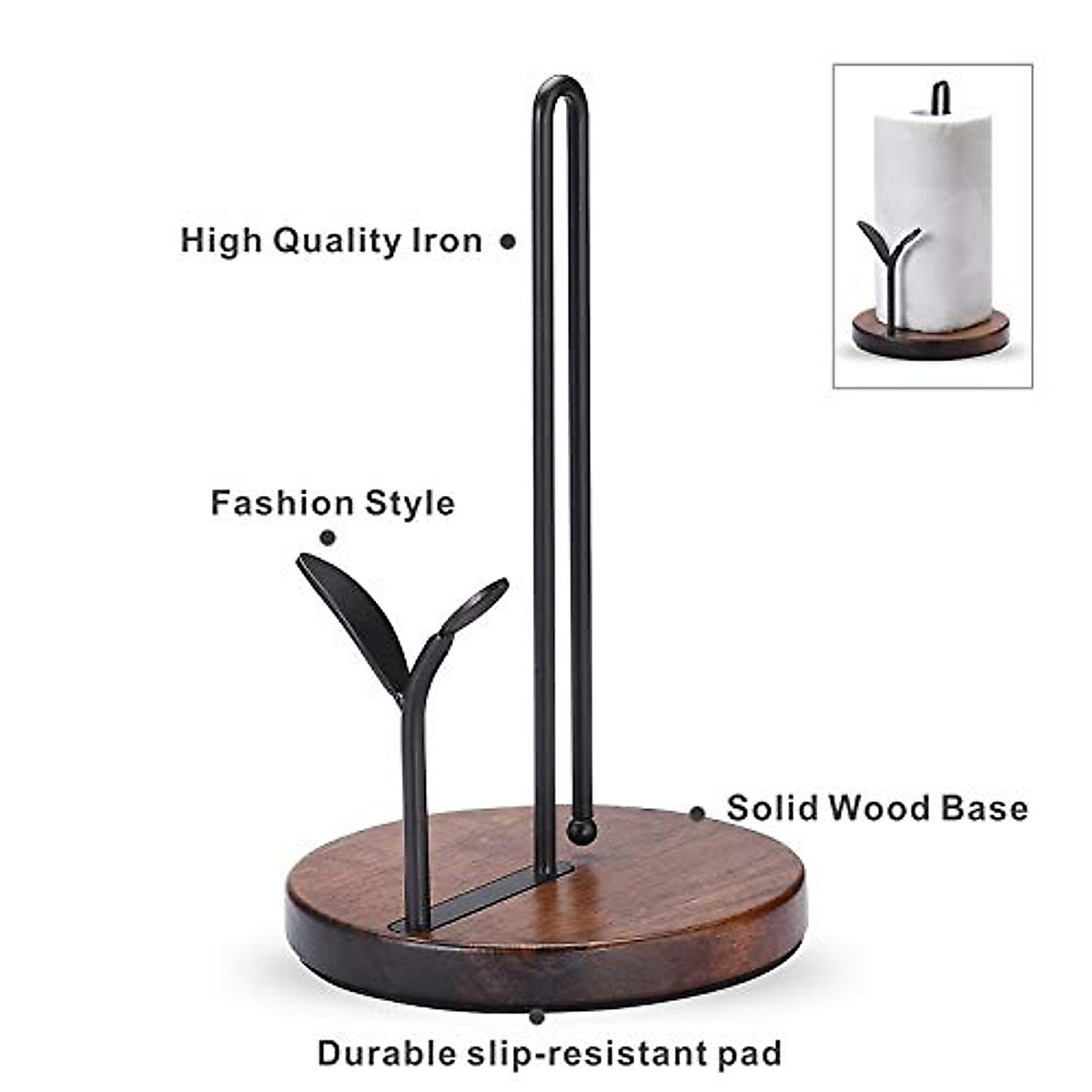 Standing Paper Towel Holder, Kitchen Paper Hanger Rack, Simply Tear Wooden Paper Towel Organizer Roll Dispenser for Cabinet Countertop Dining Room Table, Black