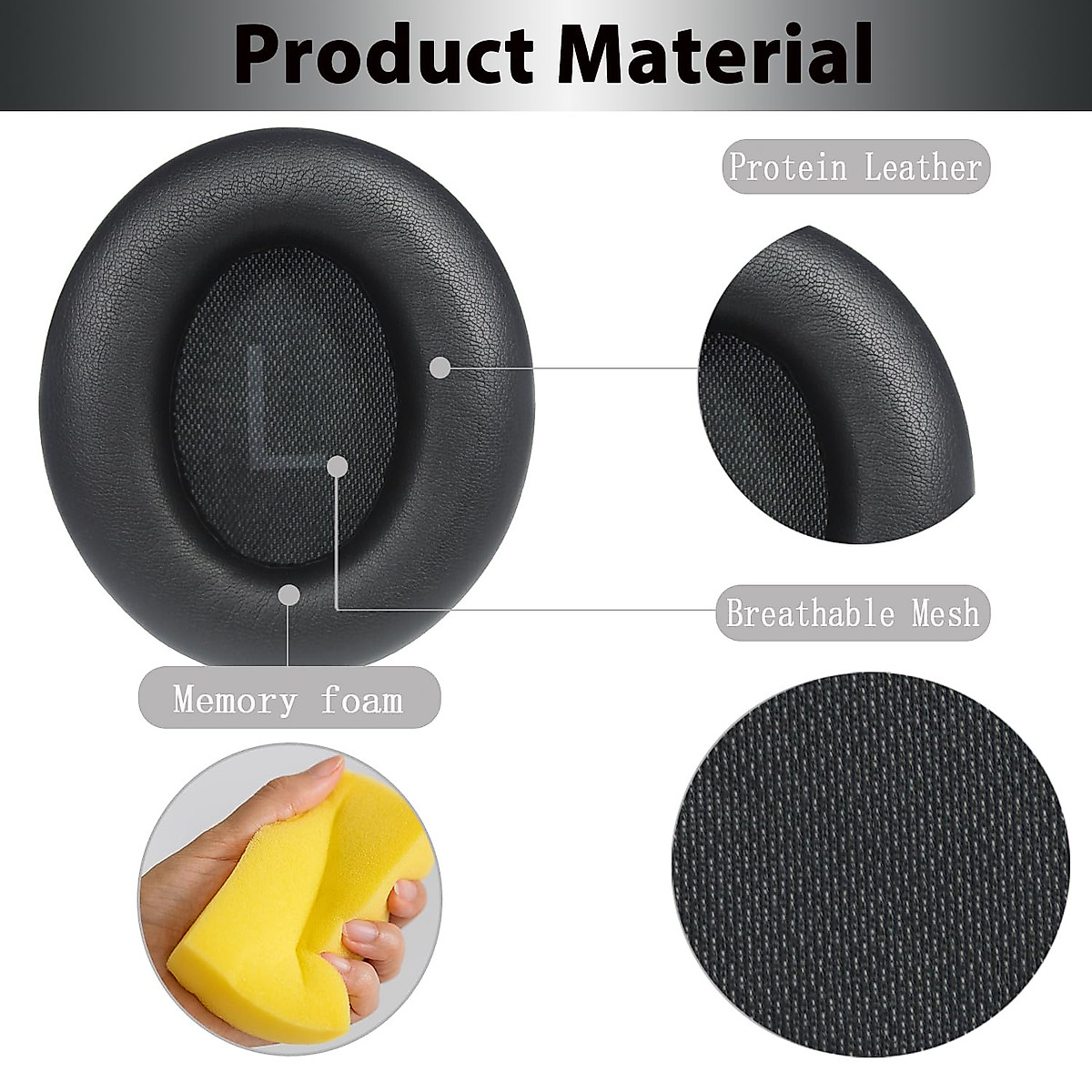 Adhiper Replacement Ear Pads for Anker Space Q45 Headphones, Ear Cushions for Soundcore by Anker Space Q45 Adaptive Noise Cancelling Headphones,with Buckle, Soft Protein Leather, Memory Foam(Black)