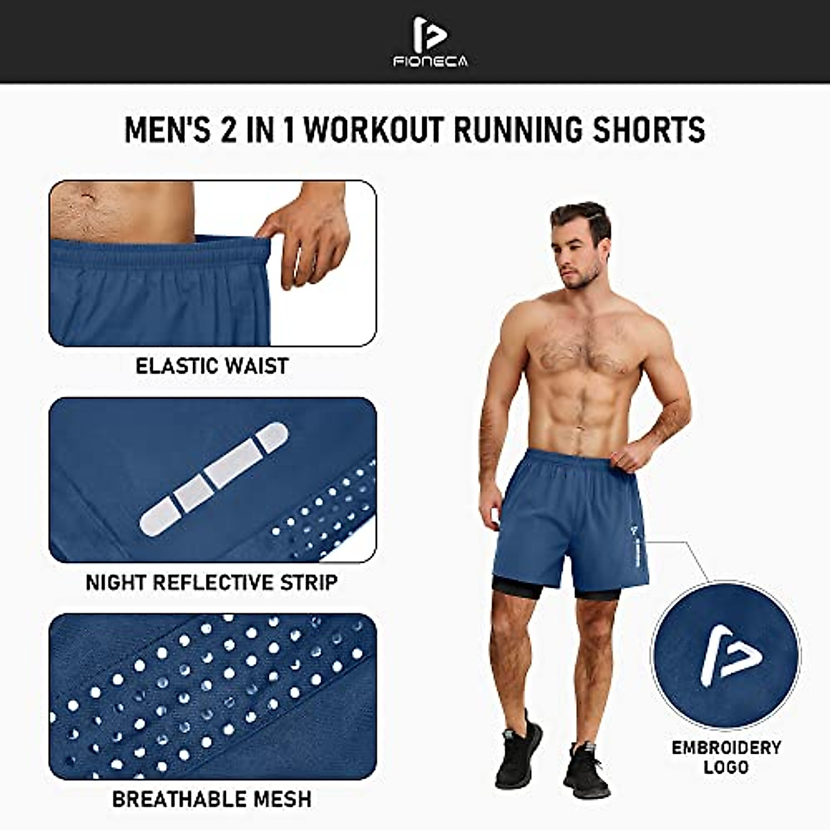 FIONECA 2 in 1 Running 5 Inch Inseam Shorts Men Breathable Mesh, Quick Dry Mens Athletic Shorts for Men Gym Sports Training(Navy Blue,S)