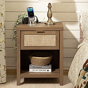SICOTAS Rattan Nightstand Set of 2, Farmhouse Night Stands with Charging Station Bedside Table with Drawer, Boho End Table with USB and Type-C Ports for Bedroom Small Space, Oak Wood