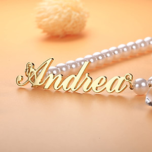 Jewenova Pearl Name Necklace Personalized 18K Gold Plated Nameplate Pearl Choker Necklace Customized Jewelry for Women