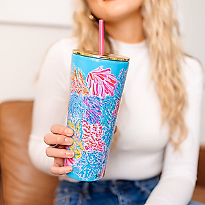 Lilly Pulitzer Double Wall Tumbler with Lid and Reusable Straw, Insulated Travel Cup Holds 24 Ounces, Splashdance