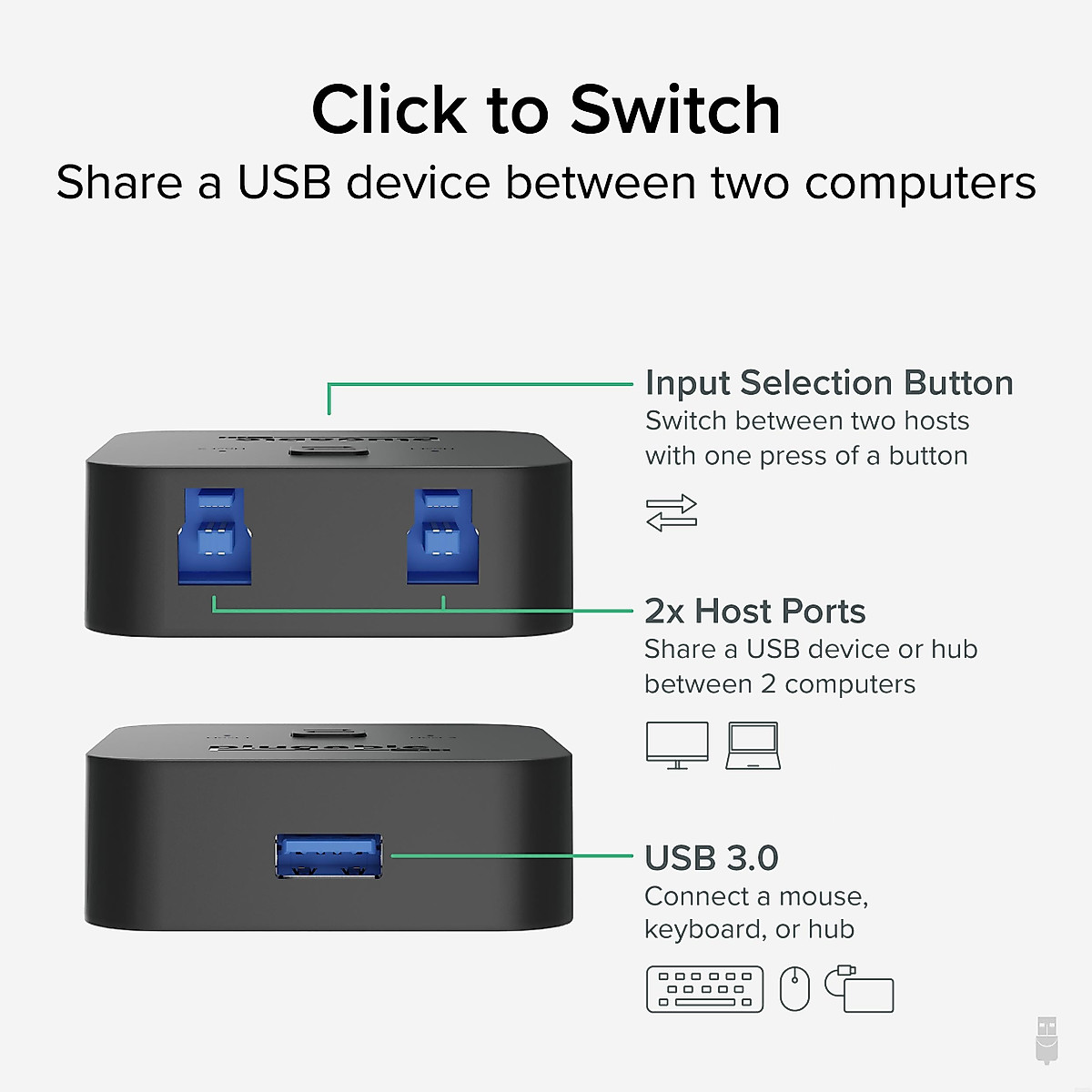 Plugable USB 3.0 Sharing Switch for One-Button Swapping of USB Device or Hub Between Two Computers (AB Switch)
