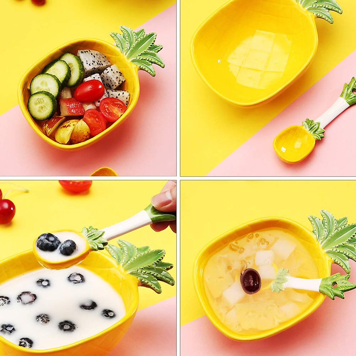 Cabilock Ceramic Appetizer Plate Pineapple Shape Bowl with Spoon Dessert Salad Pasta Bowls Food Serving Tray for Fruit Cheese Dessert Snack (300ml)