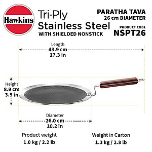 HAWKINS 26 cm Paratha Tava, Triply Stainless Steel Shielded Nonstick Tawa with Rosewood Handle, Honeycomb Non Stick Induction Tawa, Silver (NSPT26)