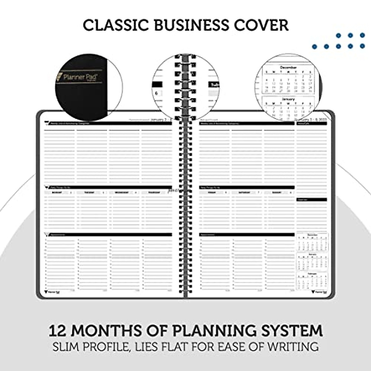 Planner Pad Spiral Bound 3-Tier Funnel Down 12 Month Organizer, Calendar Year (January-December 2023), Black Cover/Black Ink, 8 1/2" x 11"