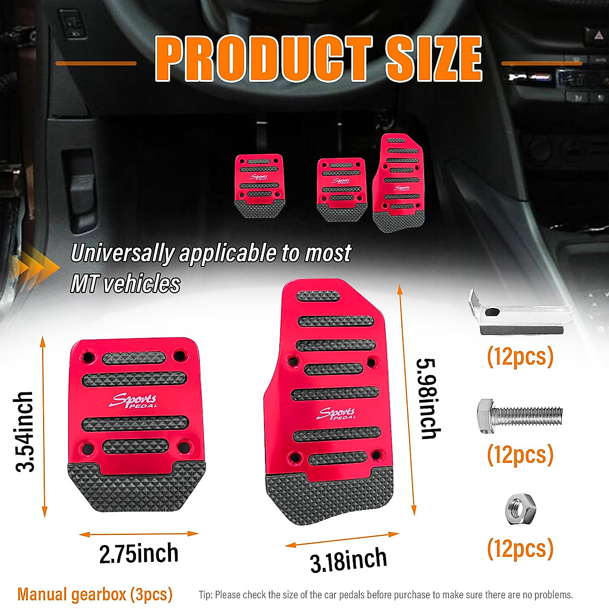 Ziciner 3PCS Non-Slip Car Pedal Pads, Manual Gearbox Gas Pedal Brake Pedal Cover, Aluminum Alloy Brake Gas Clutch Pedal Kits, Universal Replacement Accessories for Car SUV ATV (Red&Manual)