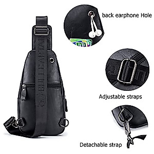 BULLCAPTAIN Genuine Leather Sling Chest Bag Multi-pockets Men Crossbody Bag Travel Casual Small Shoulder Backpack (Black)