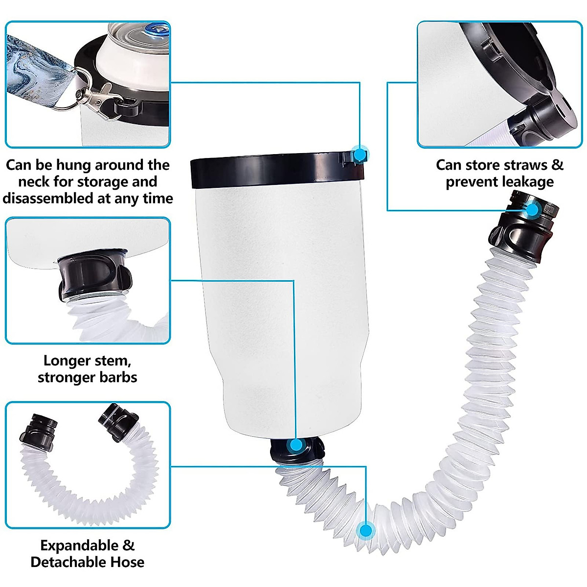 Portable Can or Bottle Cooler & Cup with 2 Detachable Expandable Hose and Bottle Opener Keychain,Hose Funnel Cup for Beverage Drink, Built for Party Bottle Bottle Drinking Funnel (White)