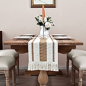 Home Macrame Table Runner Farmhouse Style - Burlap Cotton Rustic Cream Beige Boho Splicing Table Runner with Tassels for Wedding Bridal Shower Party Kitchen Dining Table Decor 12 x 72 Inch