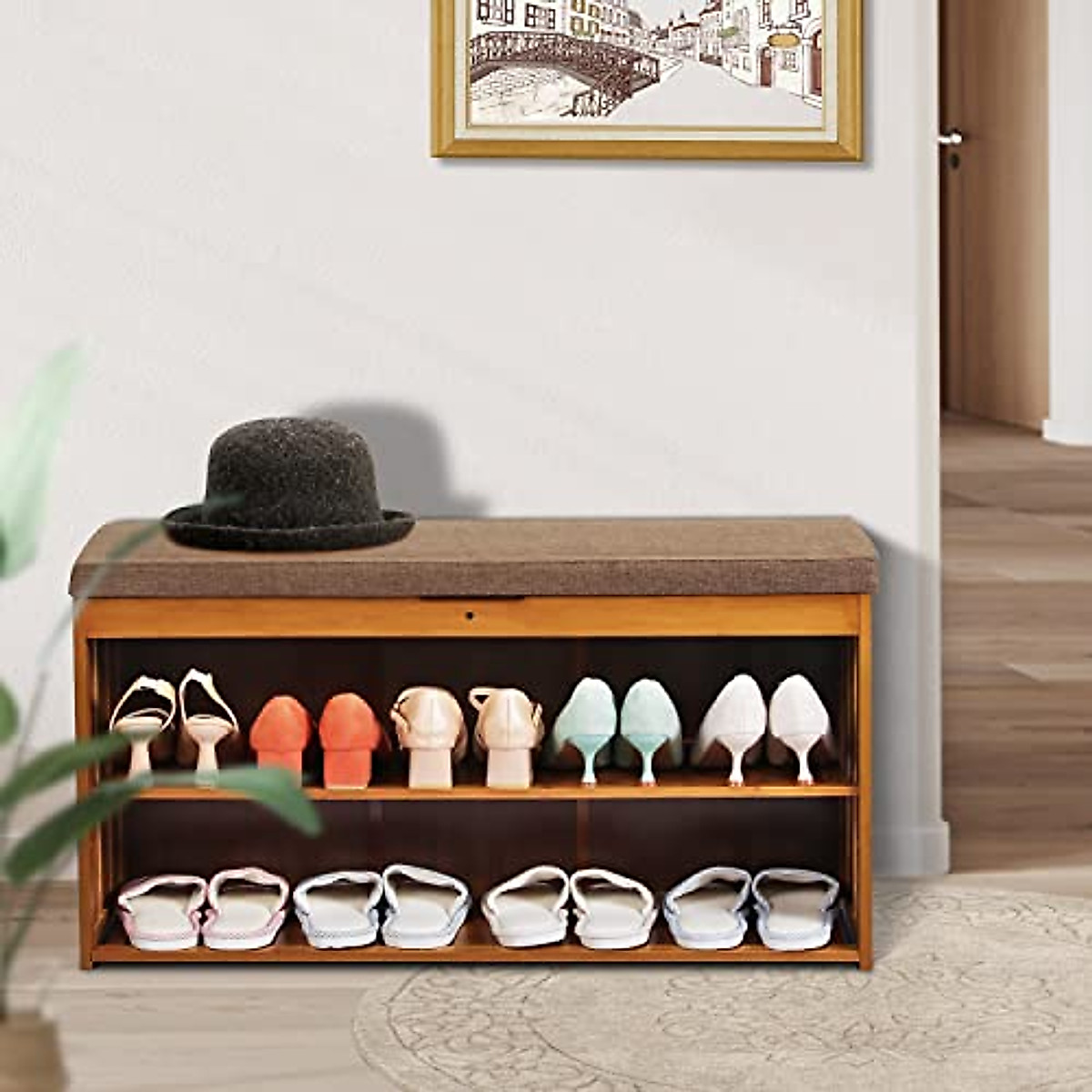 MoNiBloom Bamboo 2 Tiers Shoe Rack Organizer Changing Stool Bench with Flip-Open Storage Box Padded for Hallway, Bathroom, Bedroom - Brown (6-10 Pairs)