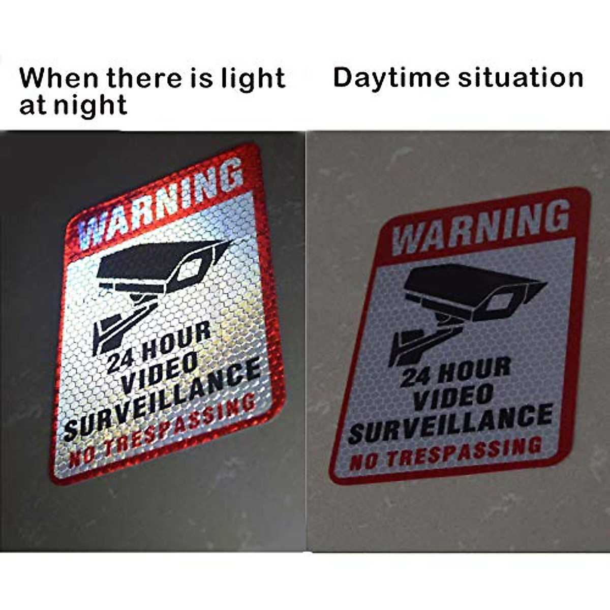 5 Pieces 24 Hours Video Recording Surveillance No Trespassing Sign Sticker. Self Adhesive 5.9 X 4 Inch, It Is Made of Reflective Film,Printed With UV Ink,Waterproof and Sunscreen, Not Fade.