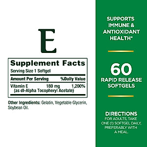 Nature's Bounty Vitamin E Pills and Supplement Softgels, Supports Antioxidant Health, 400iu, Multi, 180 mg, 120 Count (Pack of 1)
