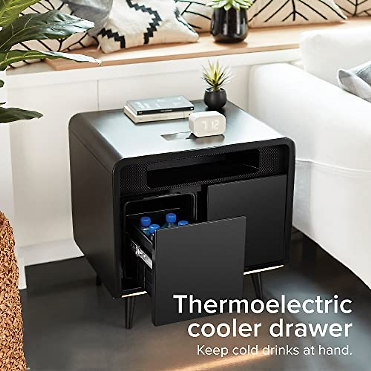 sobro Smart Side/Nightstand Table - with Cooling Drawer, Wireless Charging, Bluetooth Speakers, USB-C and 120V outlets, LED Light, Black/Black