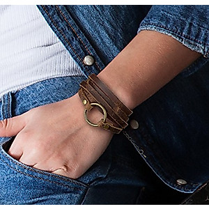 SPUNKYsoul Boho Handmade 5 Wrap Cuff Genuine Leather Antique Gold Circle Adjustable Western Weathered Rustic Bohemian Multi-Layer Bracelet Jewelry Gift for Women (Brown)