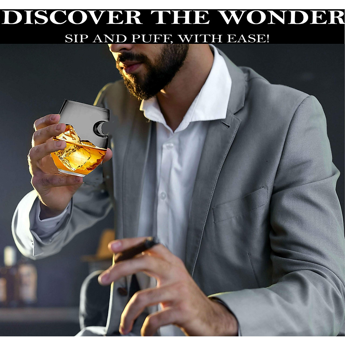 Bezrat Whiskey Cigar Glasses - Pack of 2-10 oz - Double Old Fashioned Round Tumbler With Side Mounted Cigar Holder Rest - Whiskey Glasses Christmas Gift (2 Pack)