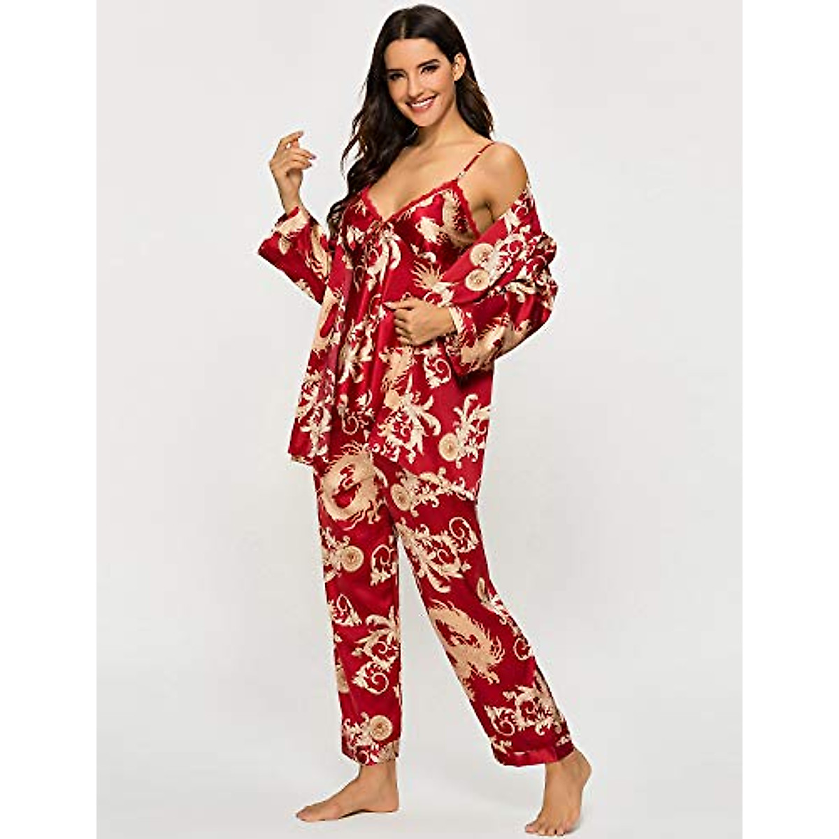 Escalier Women's Silk Satin Pajamas Set 3 Pcs Floral Silky Pj Sets Sleepwear Cami Nightwear with Robe and Pants Wine M