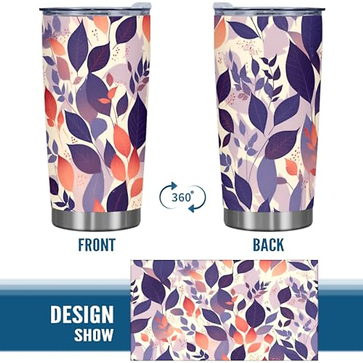 QWEUIOP 20oz Insulated Travel Coffee Mug Hand Drawn Leaves Stainless Steel Tumbler with Lid Double Wall Vacuum Coffee Cup For Hot and Cold Drinks14518