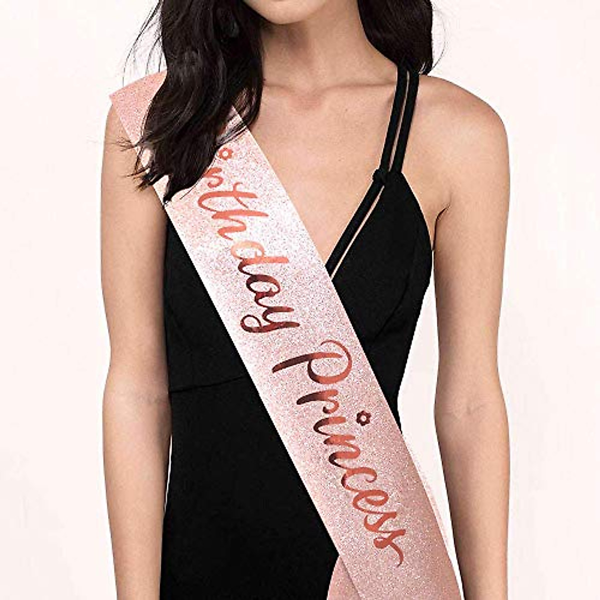 "Birthday Princess"Sash and Rhinestone Crown Set - Glitter Gold Fabric with Rose Gold Foil Letters Birthday Sash for Girl + Rhinestone Crown Set Birthday Party Gifts Birthday Party Supplies