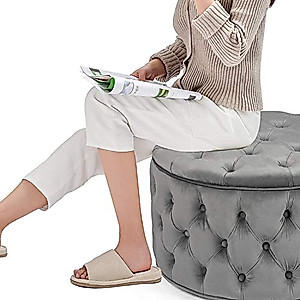 Homebeez Round Velvet Storage Ottoman, Button Tufted Footrest Stool Coffee Table for Living Room (Grey)