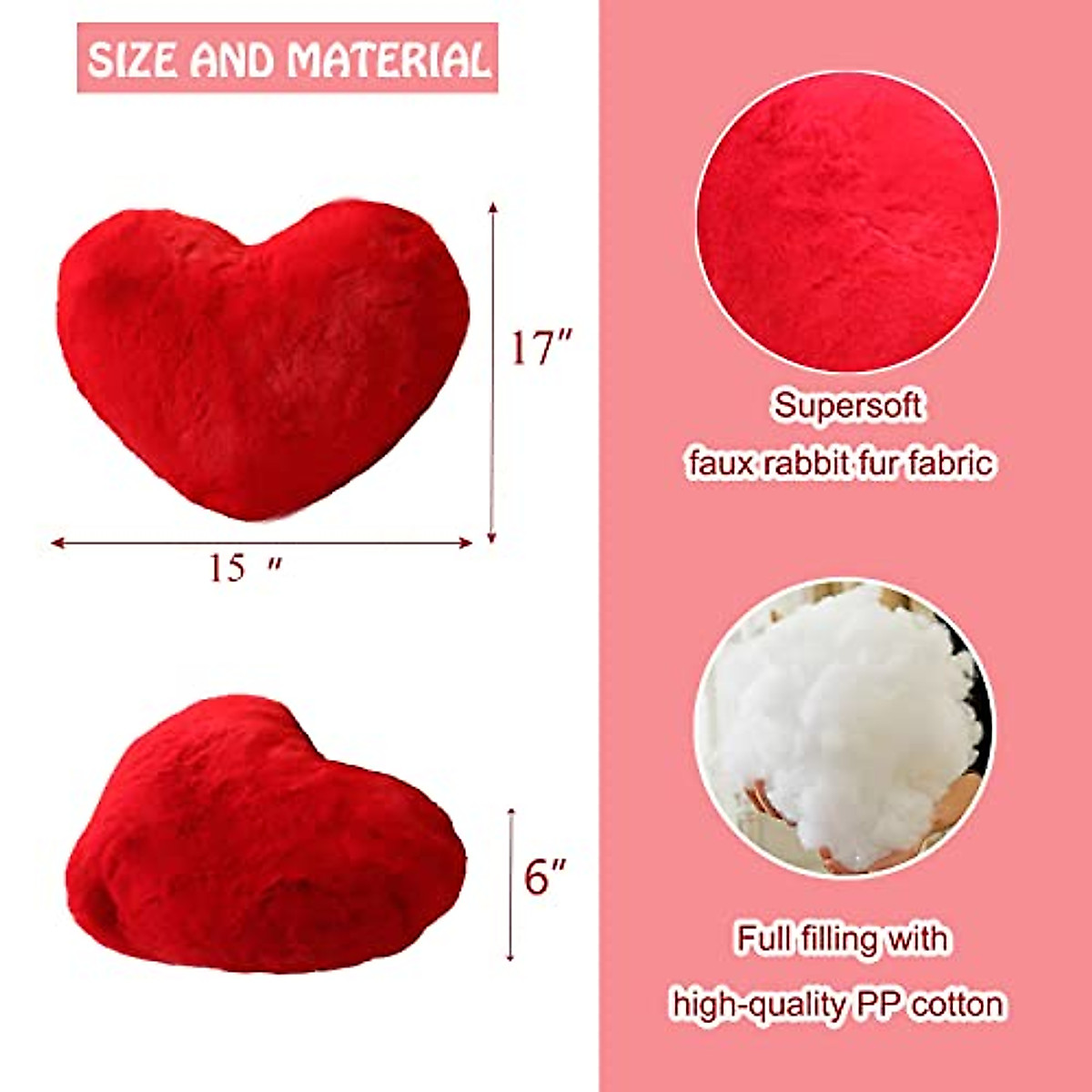 EastTree Pink Heart Throw Pillows for Mother Day, Faux Rabbit Fur 3D Fluffy Heart Pillows, Love Cute Plush Soft Heart Shaped Pillows Gift for Kids Living Bedroom 15 X 17 Inch