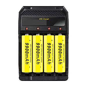4-Bay 18650 Rechargeable Battery USB Charger, Universal Smart Charger for LED Flashlights, Headlights, Toys (4 Pack Button Top Battery)