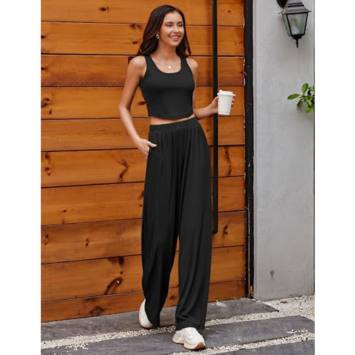 Ekouaer Women's Pajamas 2 Piece Lounge Set Ribbed Knit Loungewear Sleeveless Tank Top Wide Leg Pants,Black,S