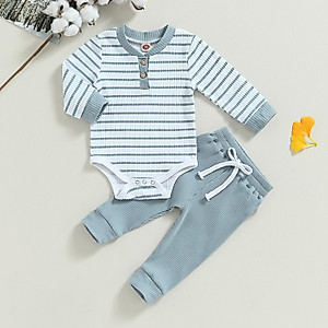 Newborn Baby Boy Girl Clothes Ribbed Knitted Long Sleeve Romper Pants Solid Cotton Infant Fall Winter Outfits 2Pcs (Striped Blue, 0-3 Months)