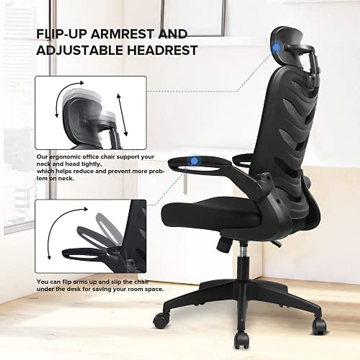 ComHoma Office Chair Ergonomic High Back Executive Adjustable Mesh Computer Chair with Flip-Up Armrests Adjustable Headrest Black,