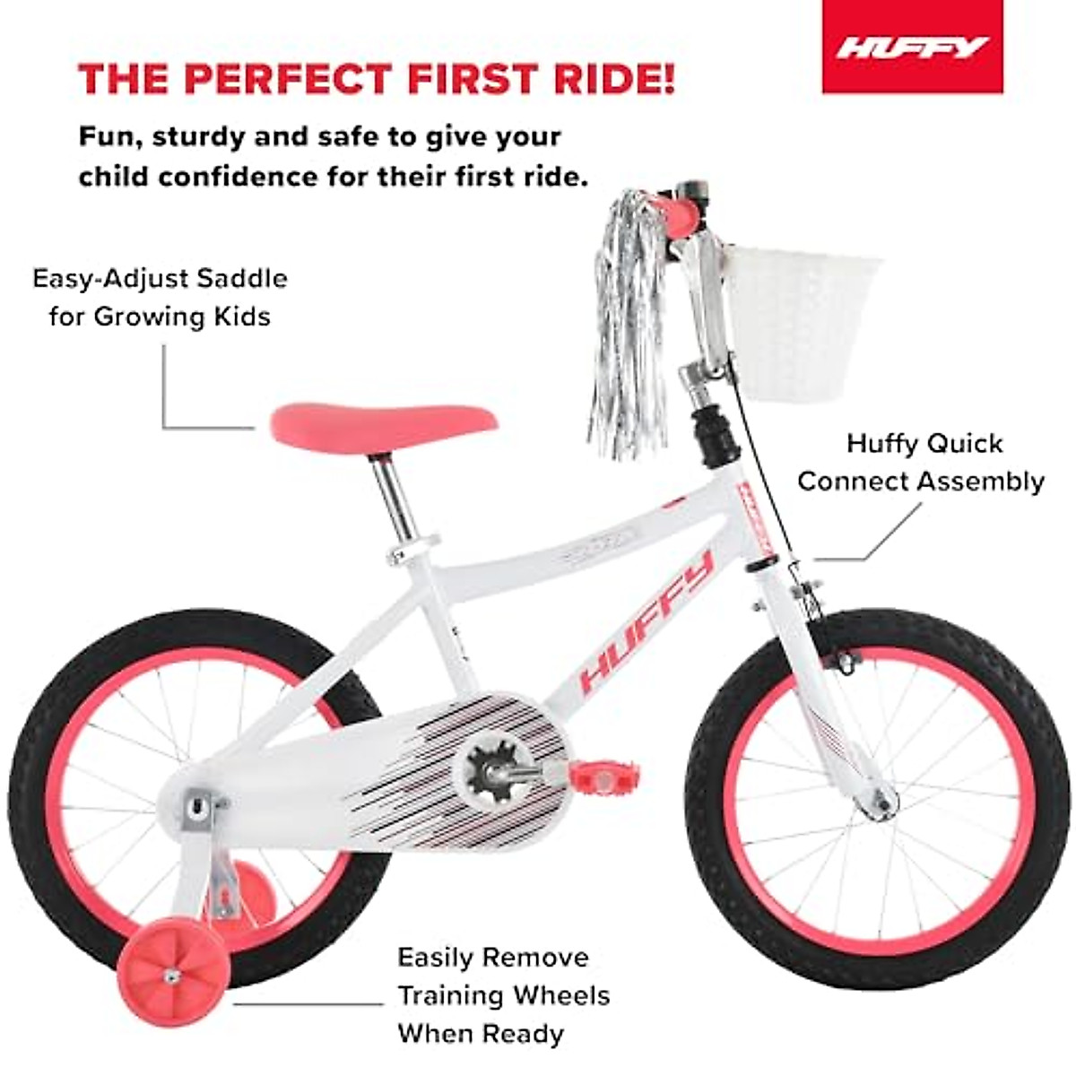Huffy Zazzle 16" Kids Bike, Ideal for Ages 3 to 5 Years Old, Front Basket, Shimmering Streamers, Removable Training Wheels, Fun and Playful Design, Designed for Growth, Quick Connect Assembly, White